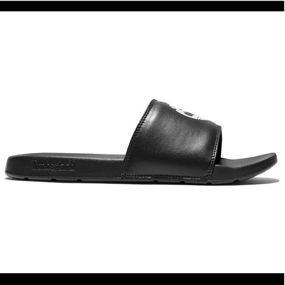 Timberland | Shoes | Timberland Black Logo Leather Pool Slides Sandals ...